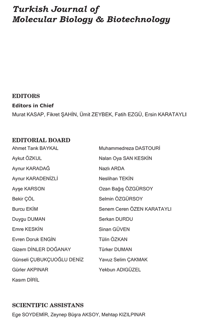 Editorial Board Turkish Journal Of Molecular Biology An Biotechnology